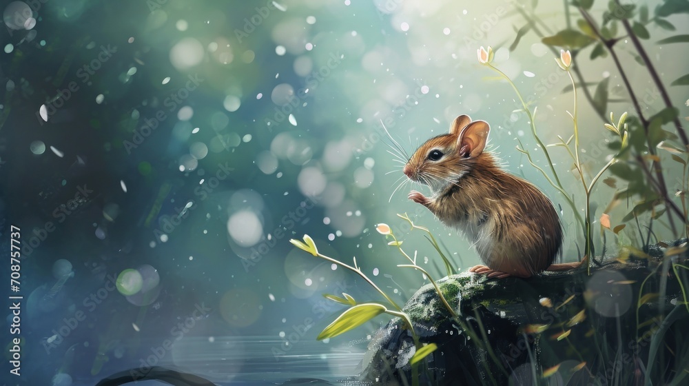 a painting of a mouse sitting on top of a rock in the middle of a ...