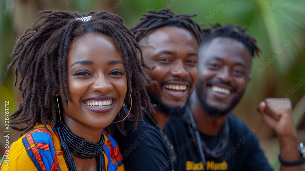 A group of three Afro-descendant friends sitting outside to celebrate ...