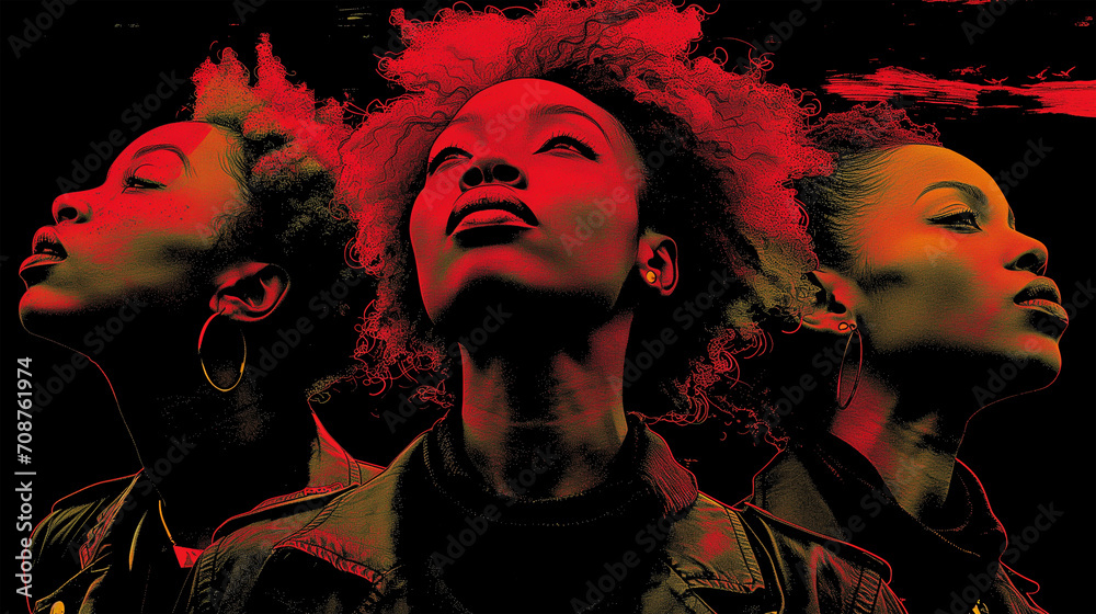 Black History Month red poster of Afro American women looking up with ...