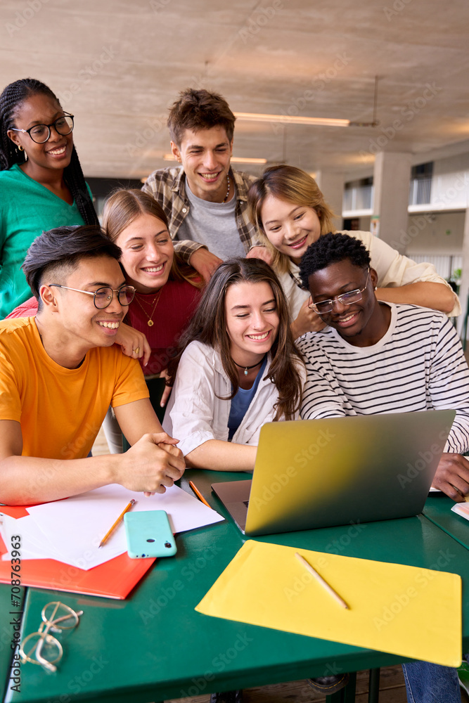 Vertical large group of young multiracial students gathered in ...