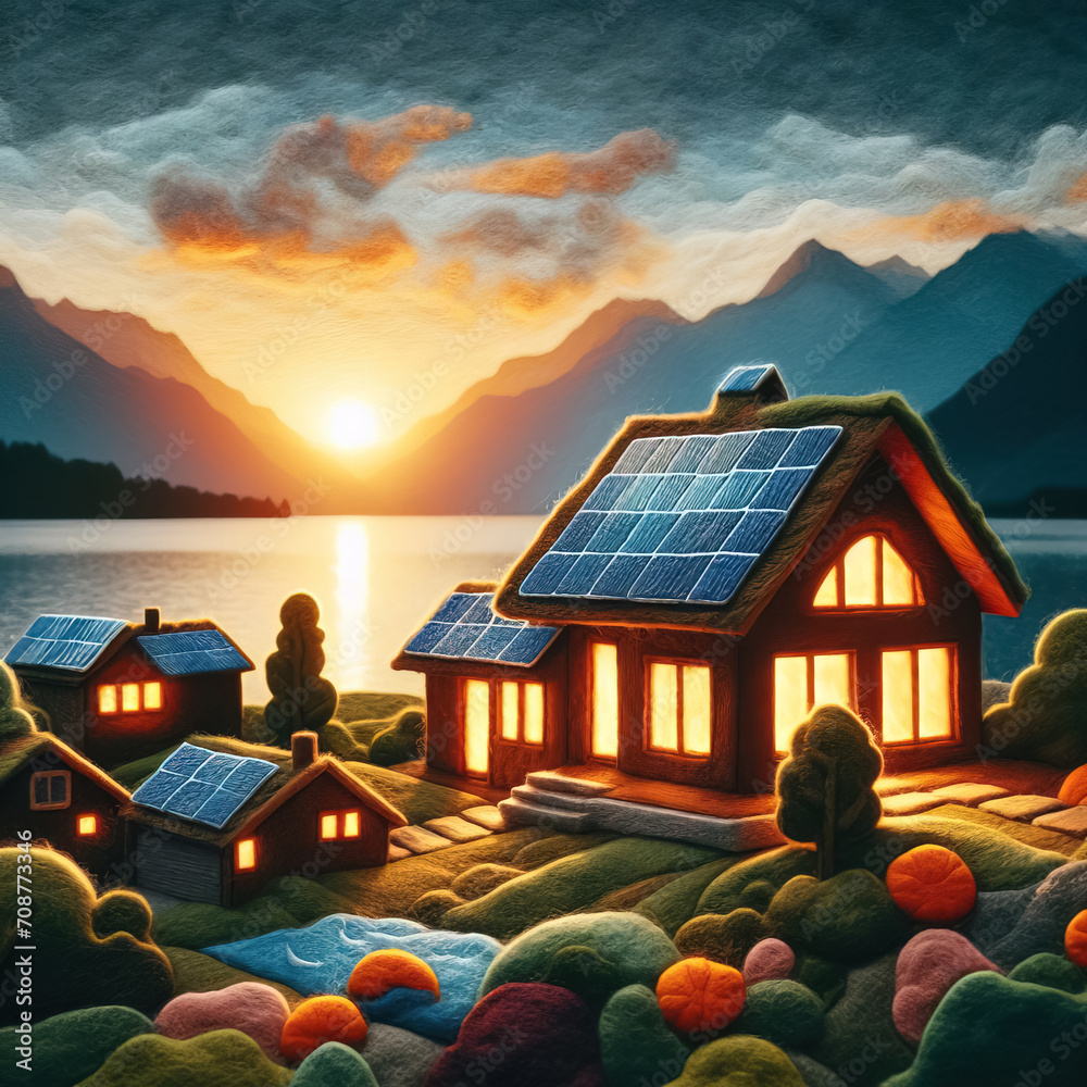 felt art patchwork, Modern house with solar panels on the roof near ...