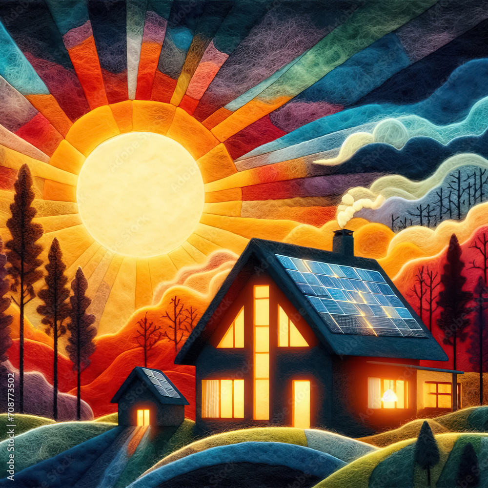 felt art patchwork, Modern house with solar panels on the roof in ...