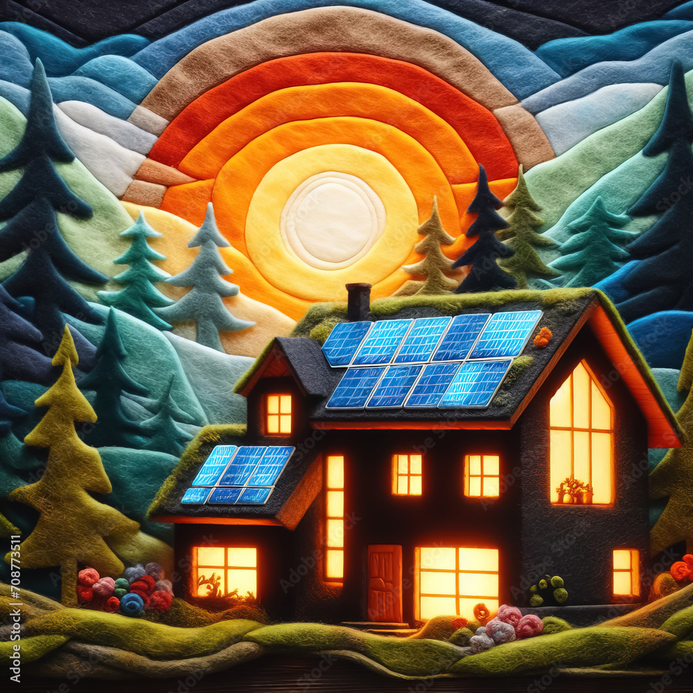 felt art patchwork, Modern house with solar panels on the roof in ...