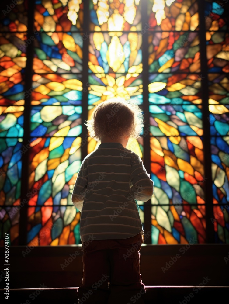 baby's first communion in church. a child prays near a stained glass ...