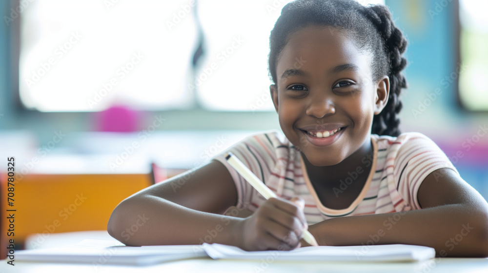 Smiling black african american child school girl studying in the ...