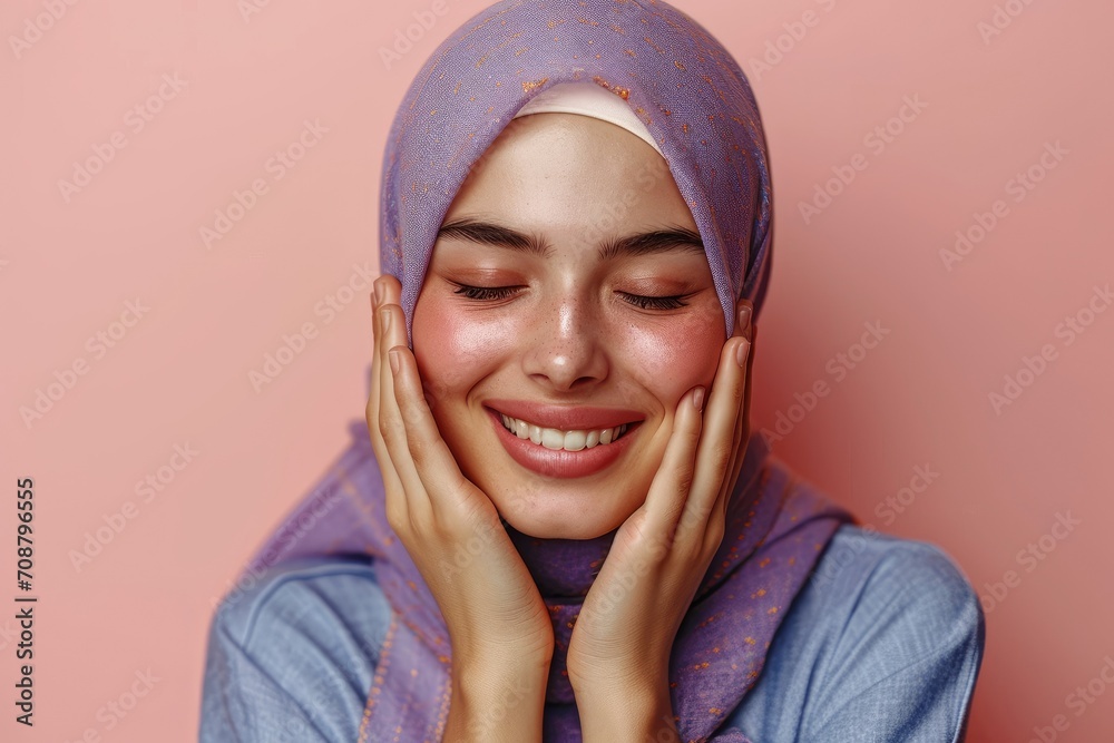 Muslim woman keeps eyes closed keeps hands on face smiles gladfully ...