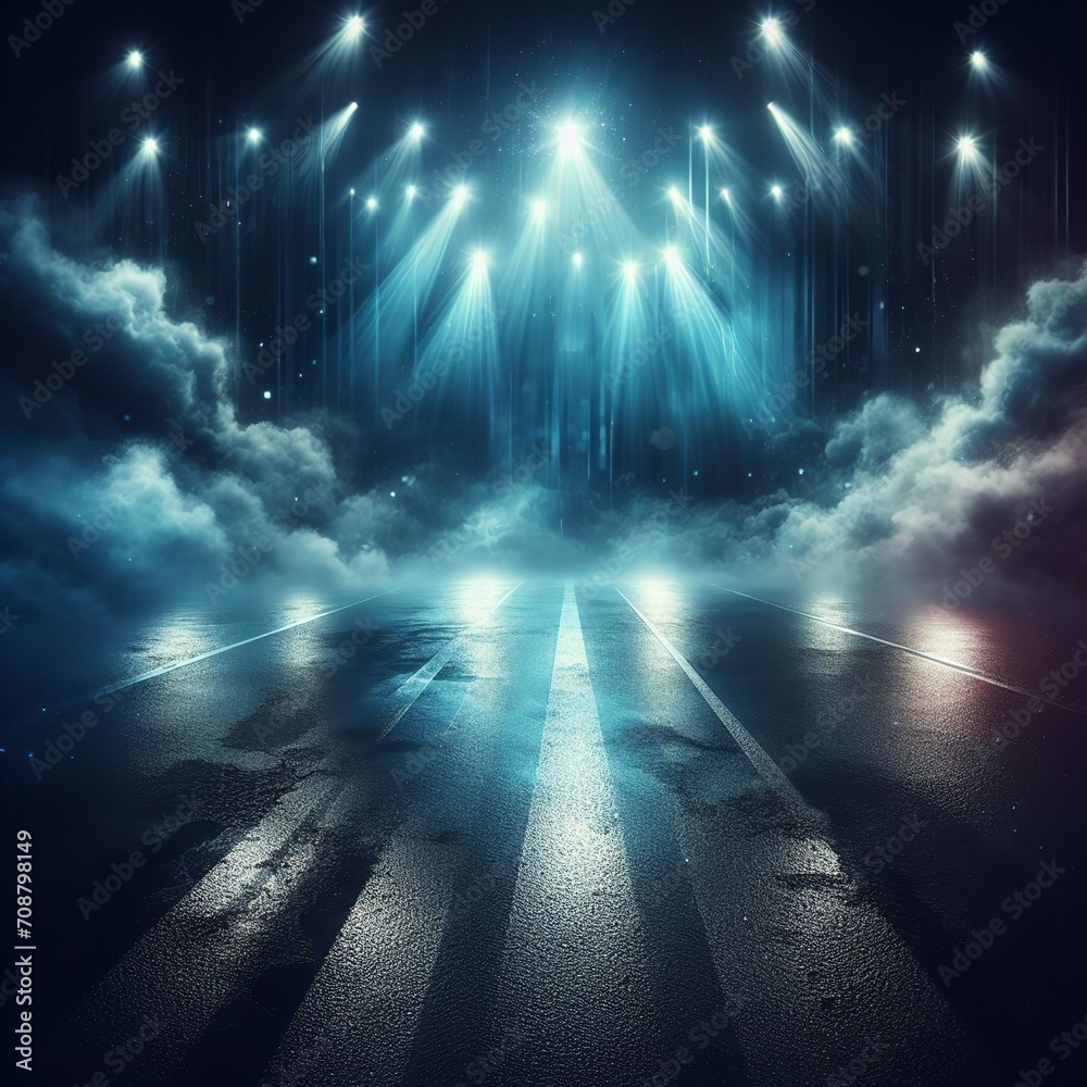 Dark street, wet asphalt, reflections of rays in the water. Abstract ...