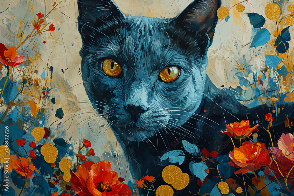 cat in the art style of bold colors and quilted patterns, whimsical ...
