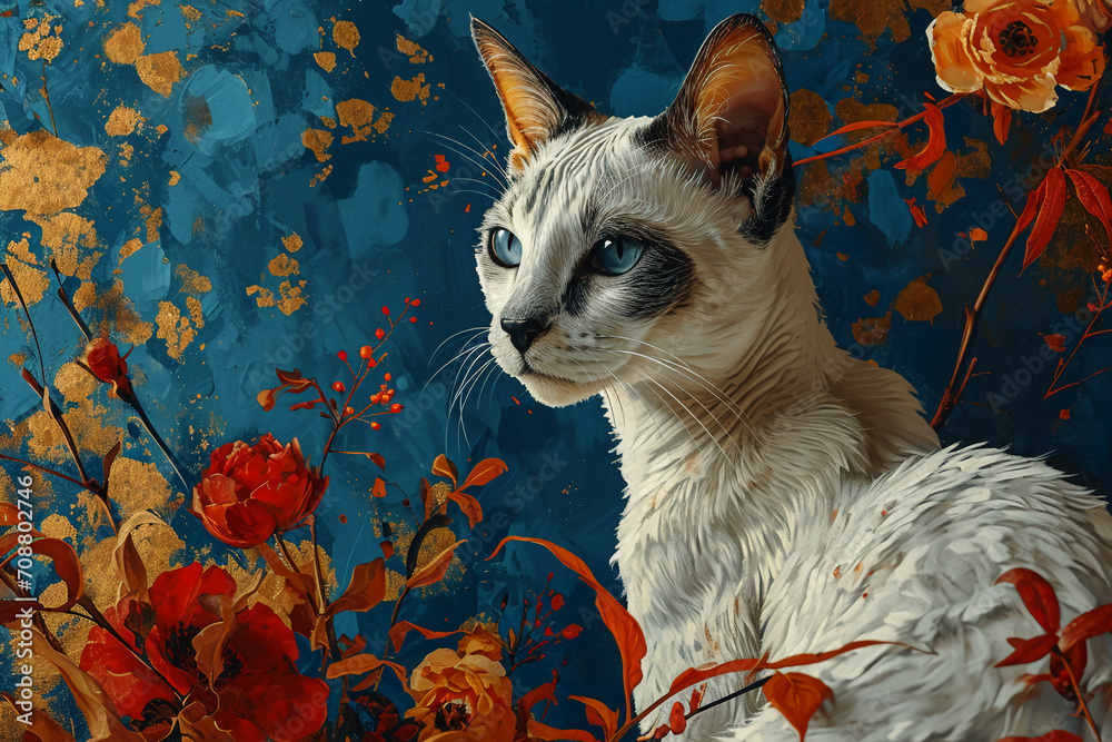 cat in the art style of bold colors and quilted patterns, whimsical ...