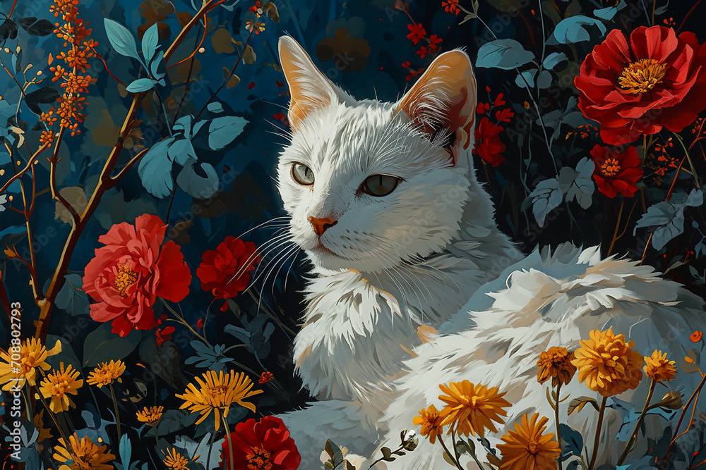 cat in the art style of bold colors and quilted patterns, whimsical ...