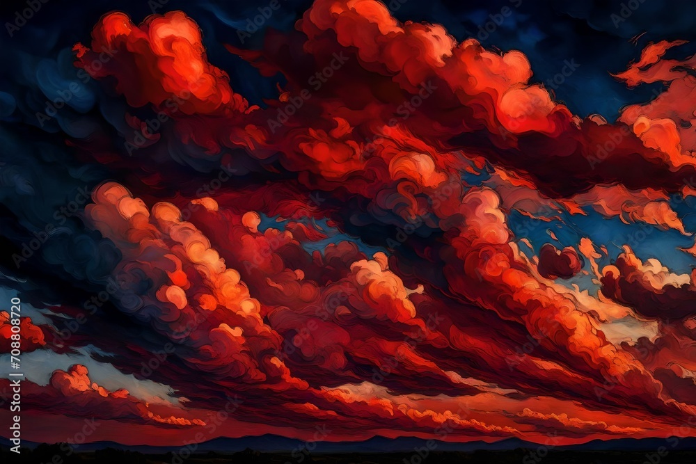 Intense close-up of fiery crimson clouds against a canvas of deep, midnight blue, creating a ...