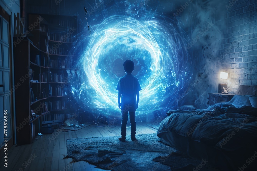 Boy entering the video game world inside the room, portal to the ...