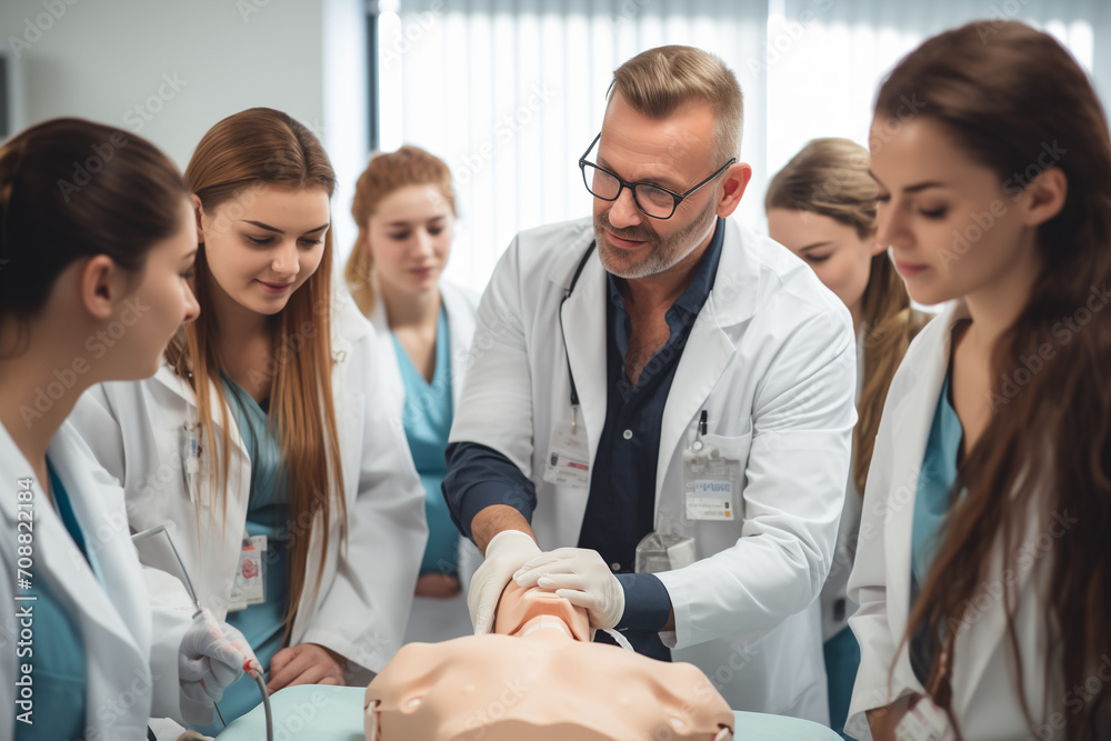 Portrait of a medical professor teaching medical students in a ...