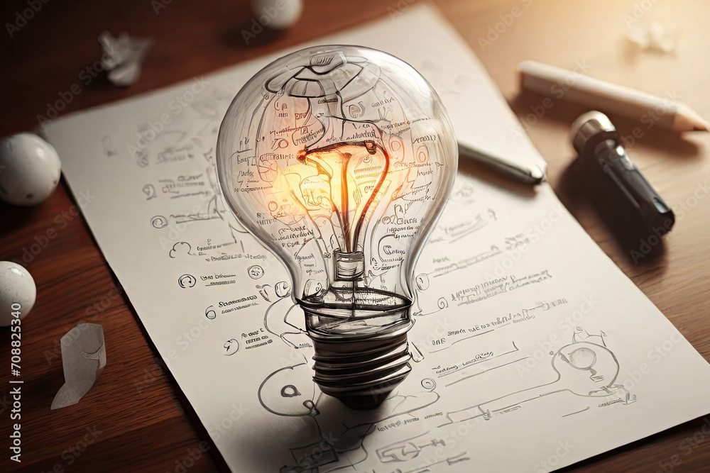 Innovative lightbulb sketch within punched paper, adorned with question ...