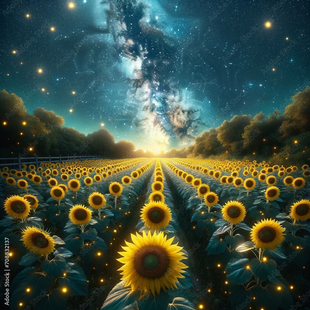 Tranquil Starry Night over Neat Sunflower Field. This hyper-realistic ...