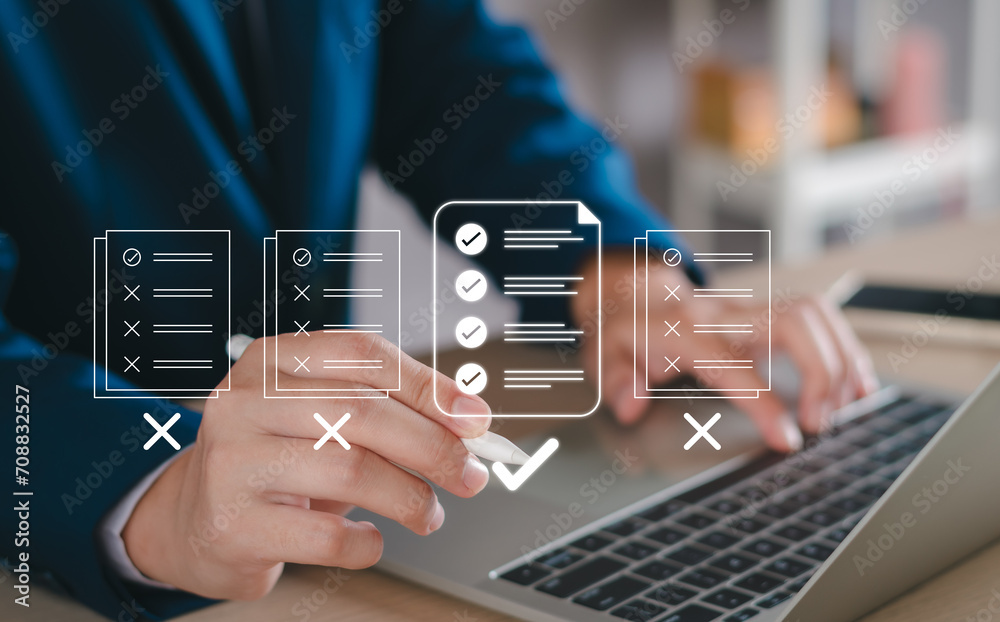 Check list concept. Businessman tick off questionnaire, survey, test ...