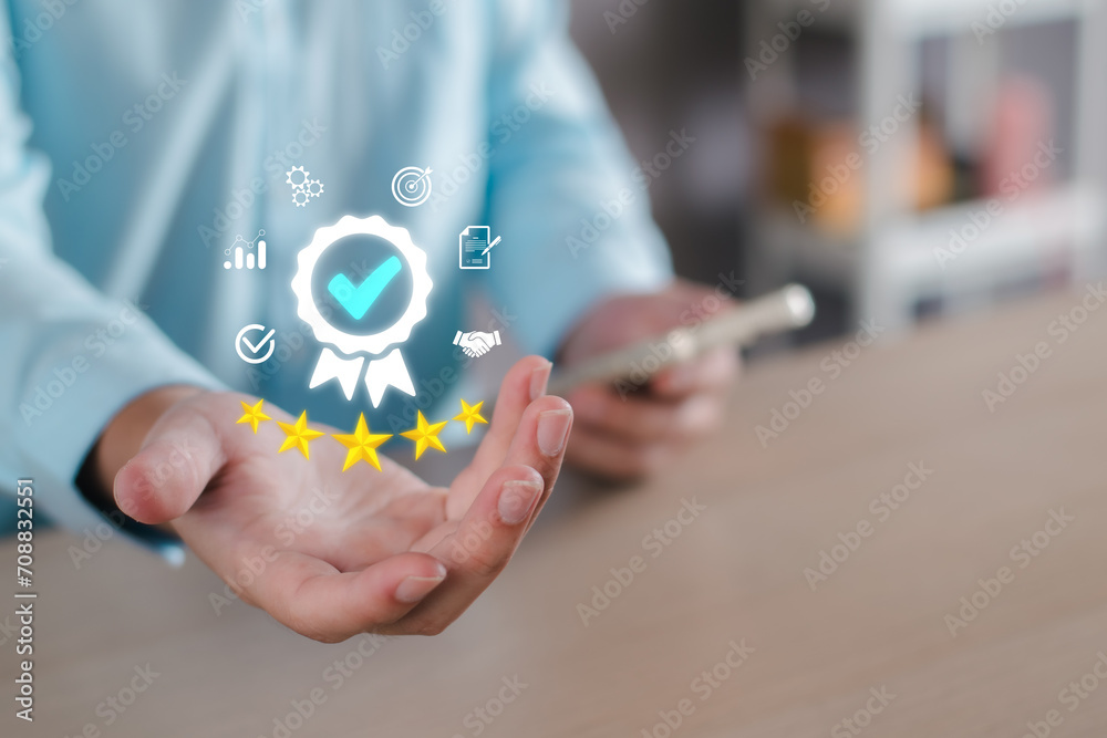 Quality control certificate concept. Businessman show high quality ...