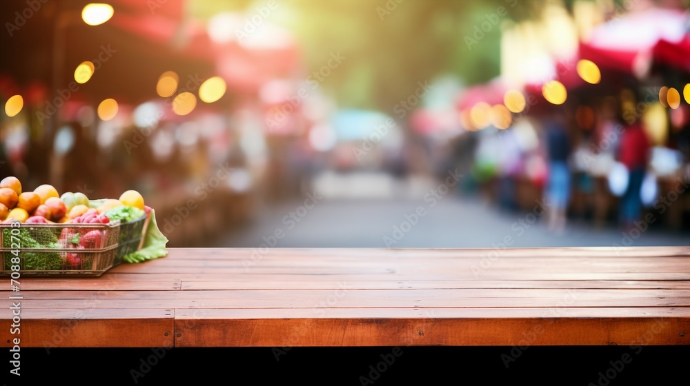 Rustic Wooden Table at Bustling Street Market with Fresh Produce and ...