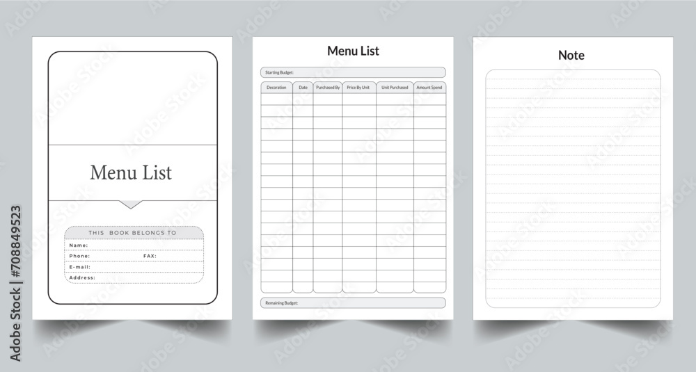 Editable Menu List Planner Kdp Interior printable template Design ...