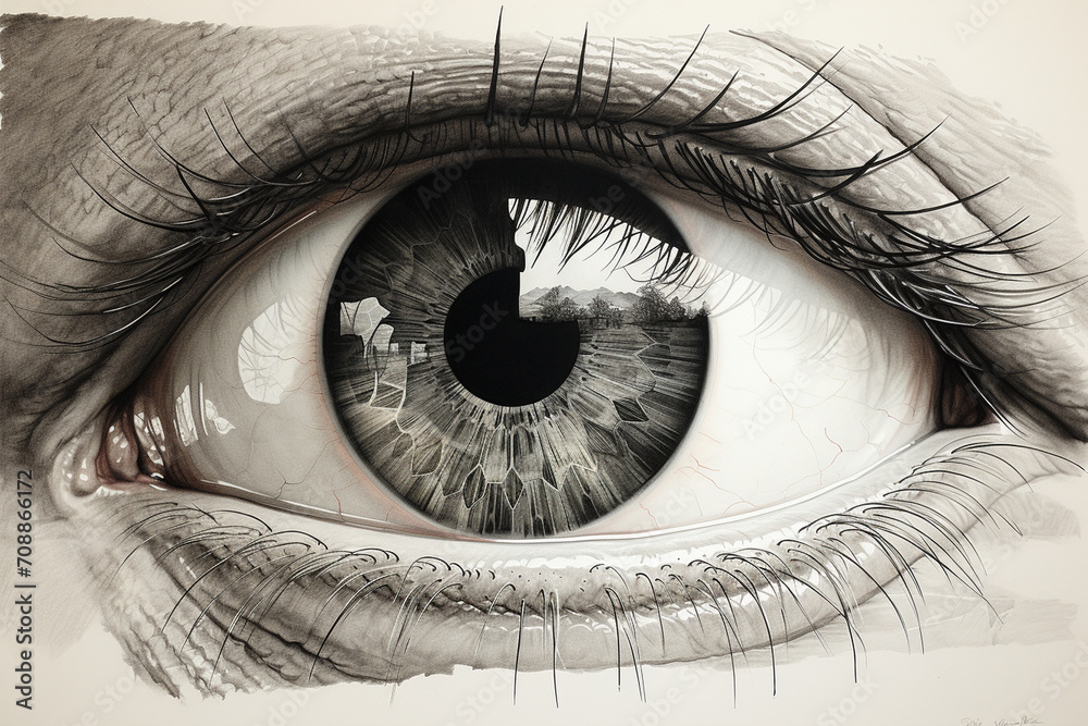 A monochromatic close-up of an eye with fine ink lines radiating from ...