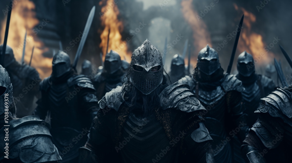 Medieval battle of knights warriors for castle. Fierce battle on battlefield, knights with ...