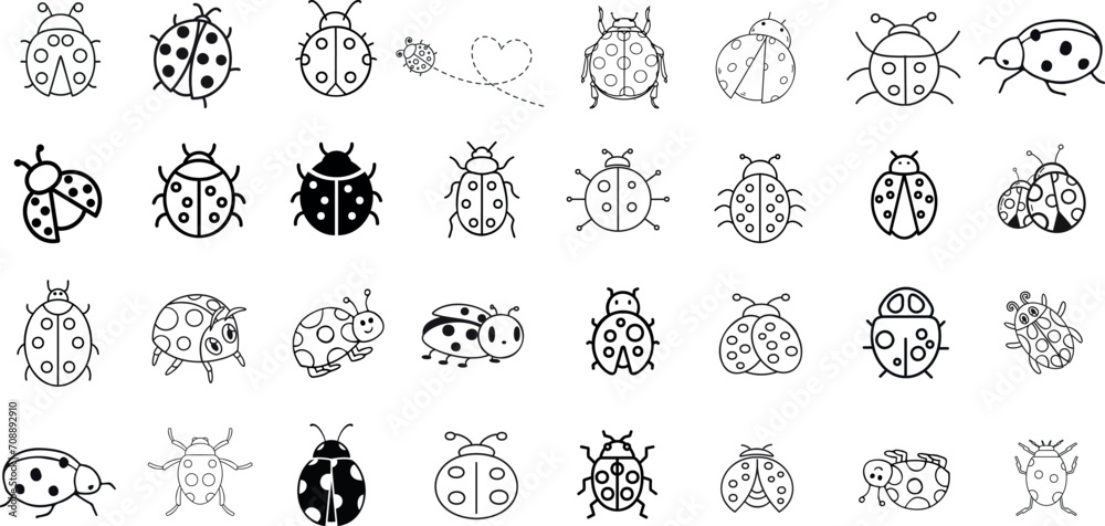 Black line art ladybug illustrations, diverse poses of ladybugs, unique ...