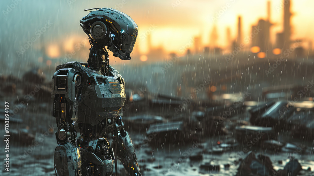 Dramatic portrait of a futuristic humanoid robot cyborg with a slick ...