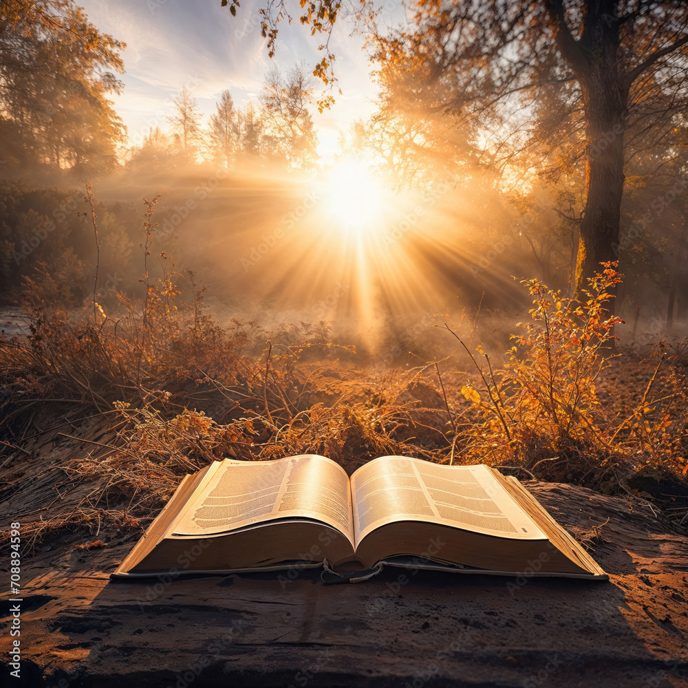 open bible in a serene background with the sunlight shinning on int ...