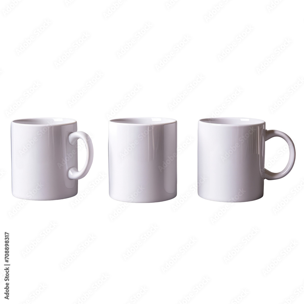 Three identical white mugs from different angles with a glossy finish ...
