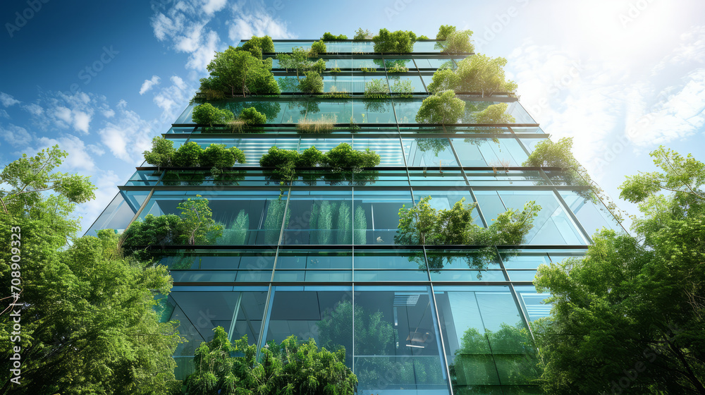 Architecture image with a modern glass building with a lot of green ...