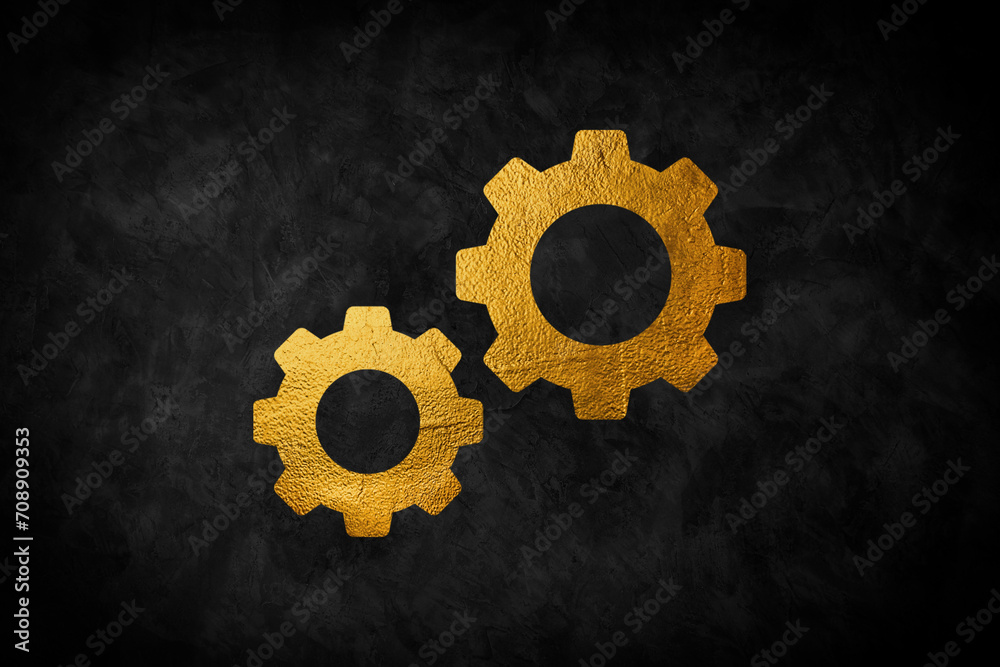 Gold gear icon. gold metal gears and cogs. Mechanism wheels logo ...