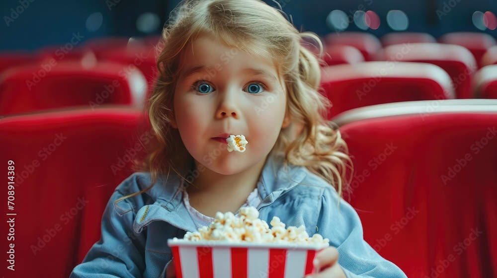 Beautiful little girl looking fascinated eating popcorn watching a movie at the local movie ...