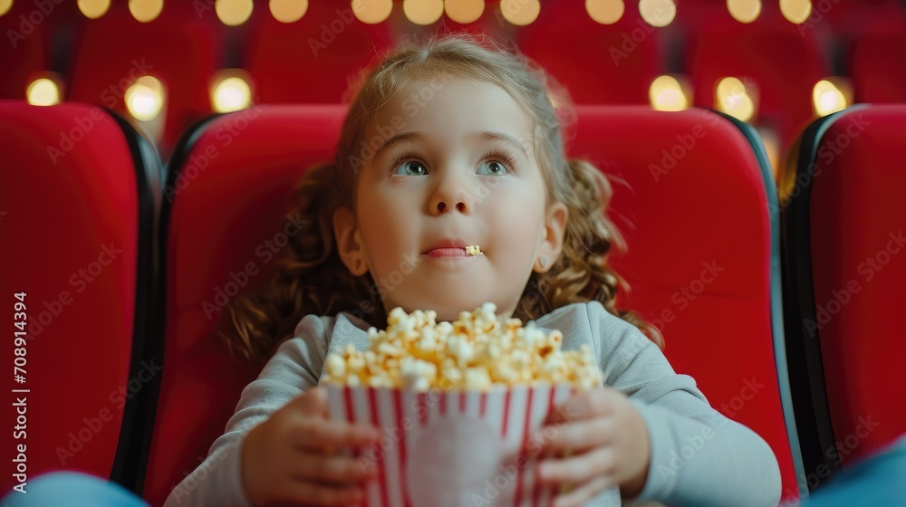 Beautiful little girl looking fascinated eating popcorn watching a ...