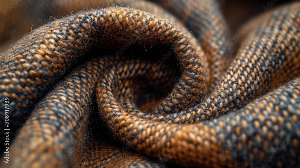 a close up view of a brown and blue knitted material with a circular ...