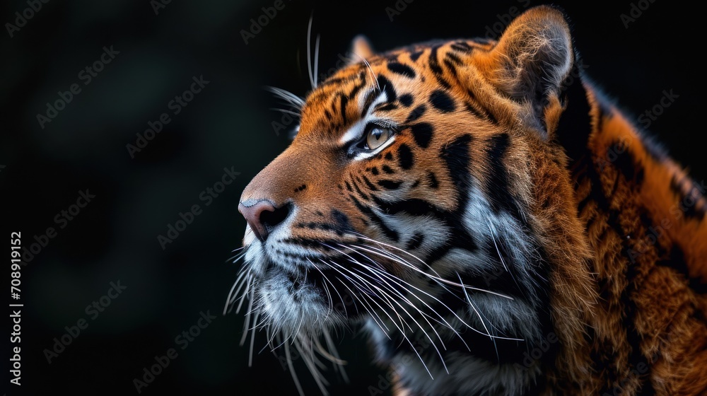 a close up of a tiger's face on a black background with a blurry image ...