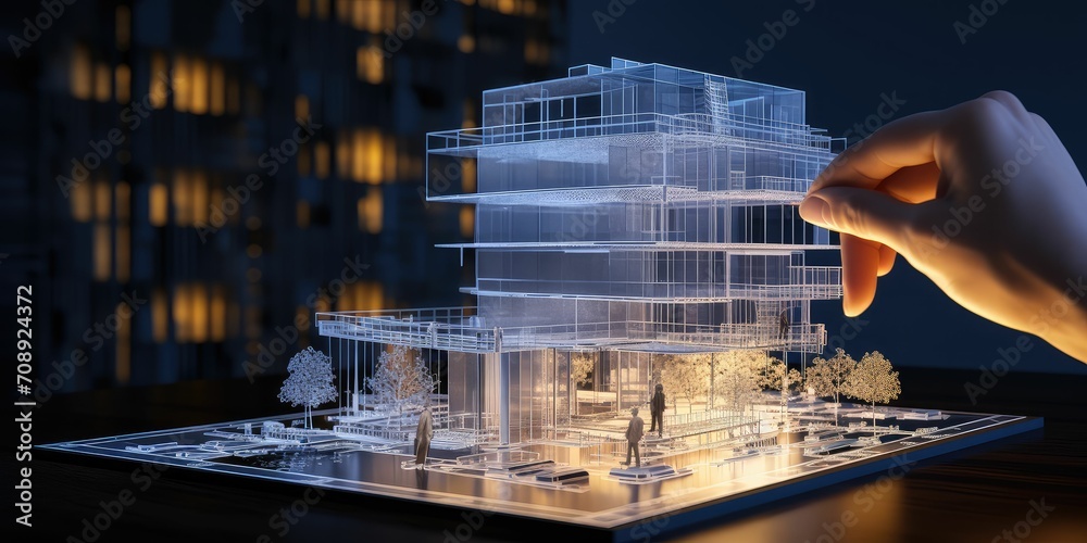 BIM Building Information Modeling concept. Touching on 3D digital model ...