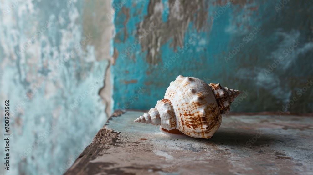 a close up of a sea shell on a ledge in front of a blue and green wall ...