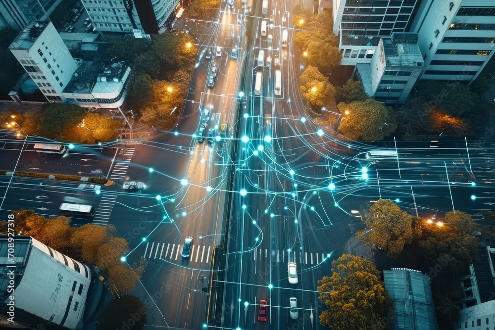 Overhead view of roads in a futuristic city with autonomous vehicles ...