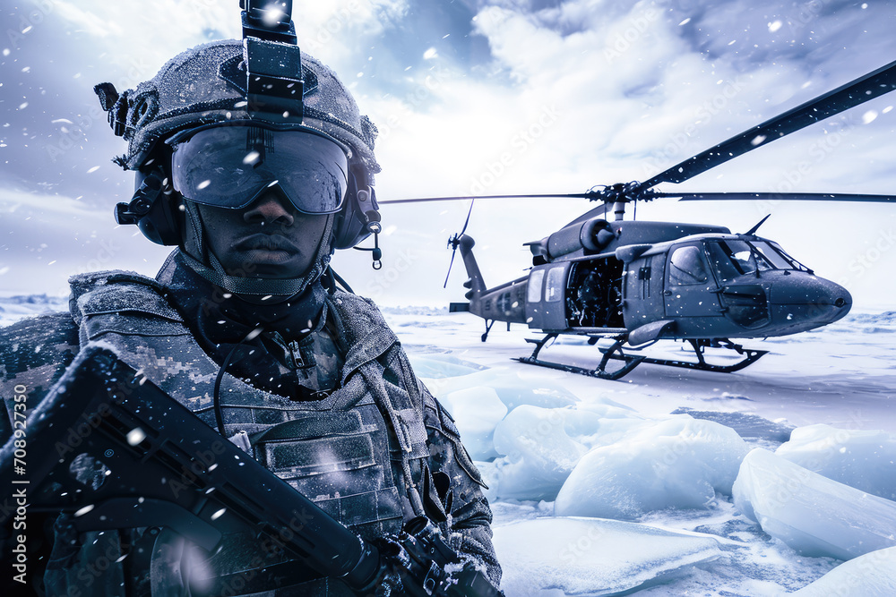 black special forces soldier in winter in the Arctic against the ...