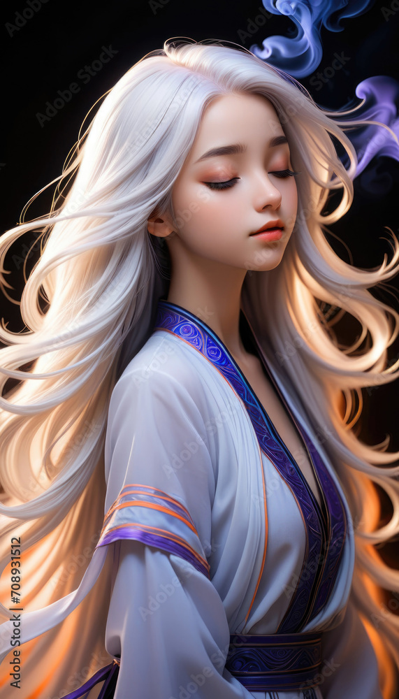 Ai Generated Illustration Of A Beautiful Woman With Long White Hair Vibrant Realistic Colors