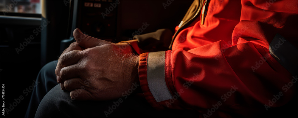 Close-up of the clasped hands of a man in a red uniform of rescuers or ...