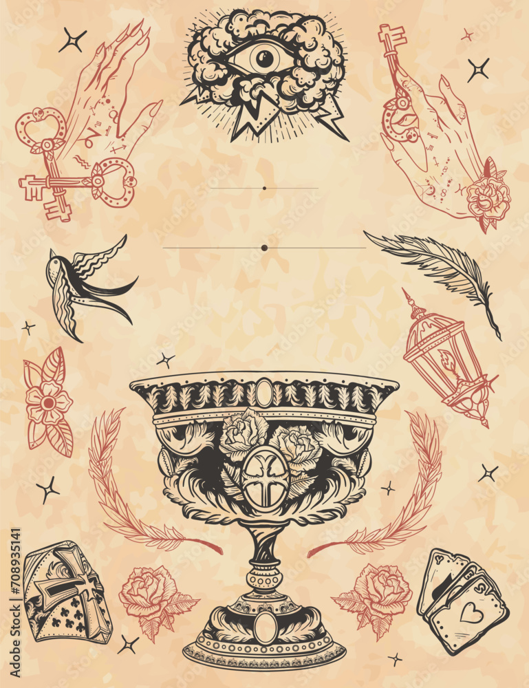 Medieval frame. Sacred holy grail, occult hands, all seeing eye. Old ...