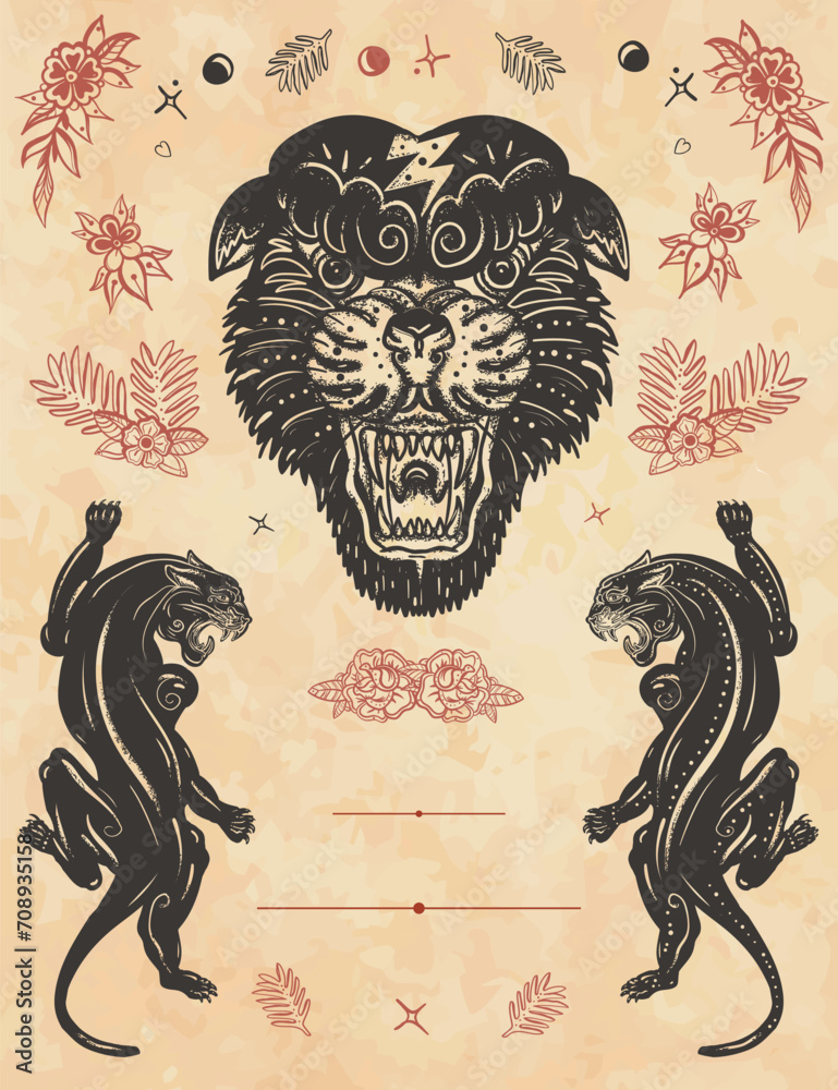 Black panthers frame. Old paper vector. Wild jungle cats. Cover page ...