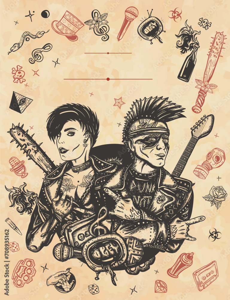 Punk music frame. Punker with mohawk hairstyle, rock woman, guitarist ...