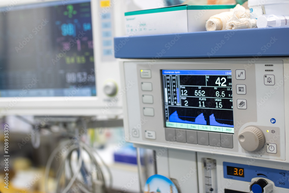 Anesthesia monitor in hospital operating room. Surgical equipment at ...