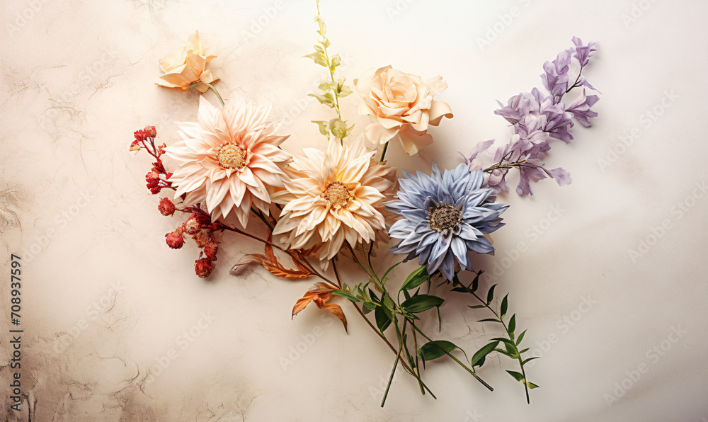 Three kinds of flowers are displayed in a bouquet, in the style of ...