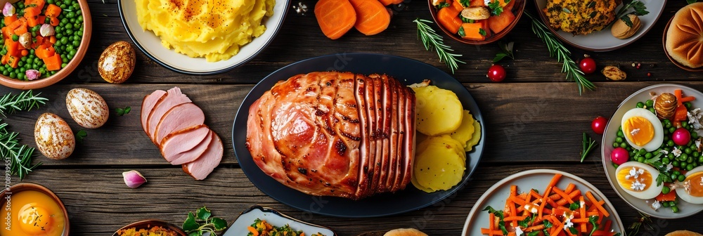Classic Easter ham dinner. Top view table scene on a dark wood banner ...