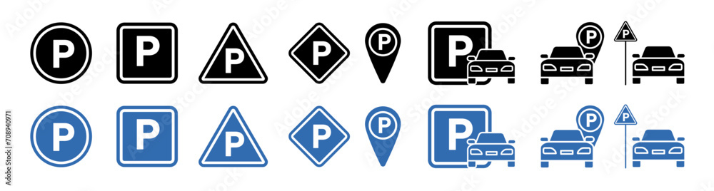 Blue car park sign. parking allowed zone location pin with letter P ...