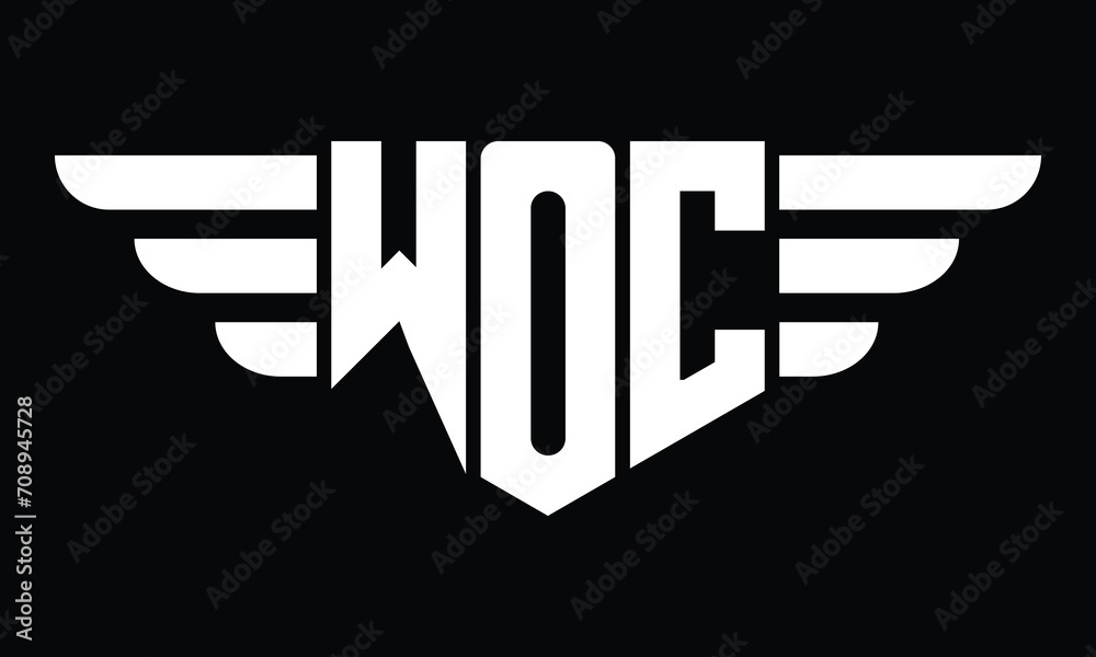 WOC three letter logo, creative wings shape logo design vector template ...