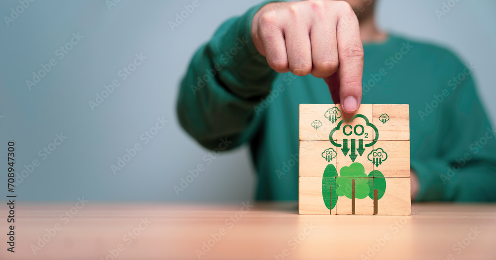 Businessman holding wooden cube CO2 reducing icon and tree for decrease ...